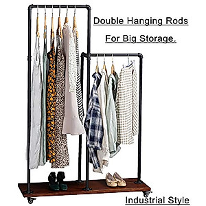 Hanging Clothes Rack with Shelves,Industrial Pipe Clothing Rack on Wheels,Heavy Duty Rolling Garment Rack - Clothes Racks for Hanging Clothes - Natural Wood Base