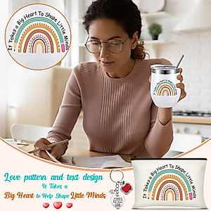 SEEWEY 3 Pieces Back to School Teacher Gifts Teacher Appreciation Gifts 12 oz Teacher Wine Stainless Steel Tumbler Makeup Bag Keychain Insulated Coffee Tumbler Canvas Cosmetic Bags Thank You Gifts