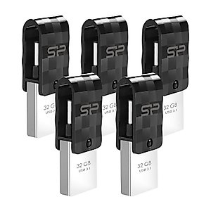 Silicon Power 32GB X5 Flash Drive USB 3.0 Dual Drive USB Type-C C31 Swivel Dual Flash Drive Type C Ready for Smartphones Tablets and New MacBook 5 Pack (S5032GBUC3C31V1KBT)