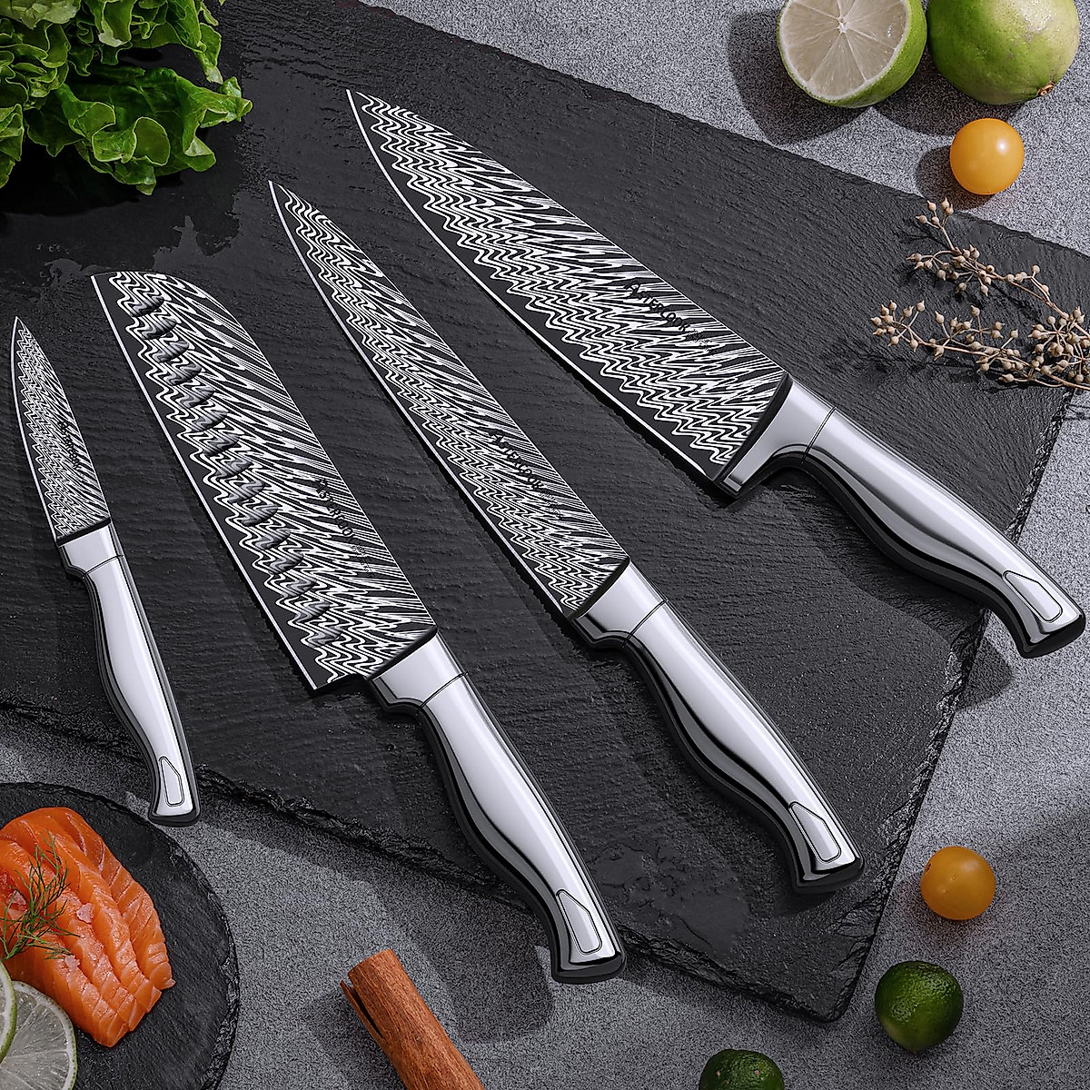Knife Set, 15 Pieces Kitchen Knife Set with Built in Sharpener Block, German Stainless Steel Knife Block Set