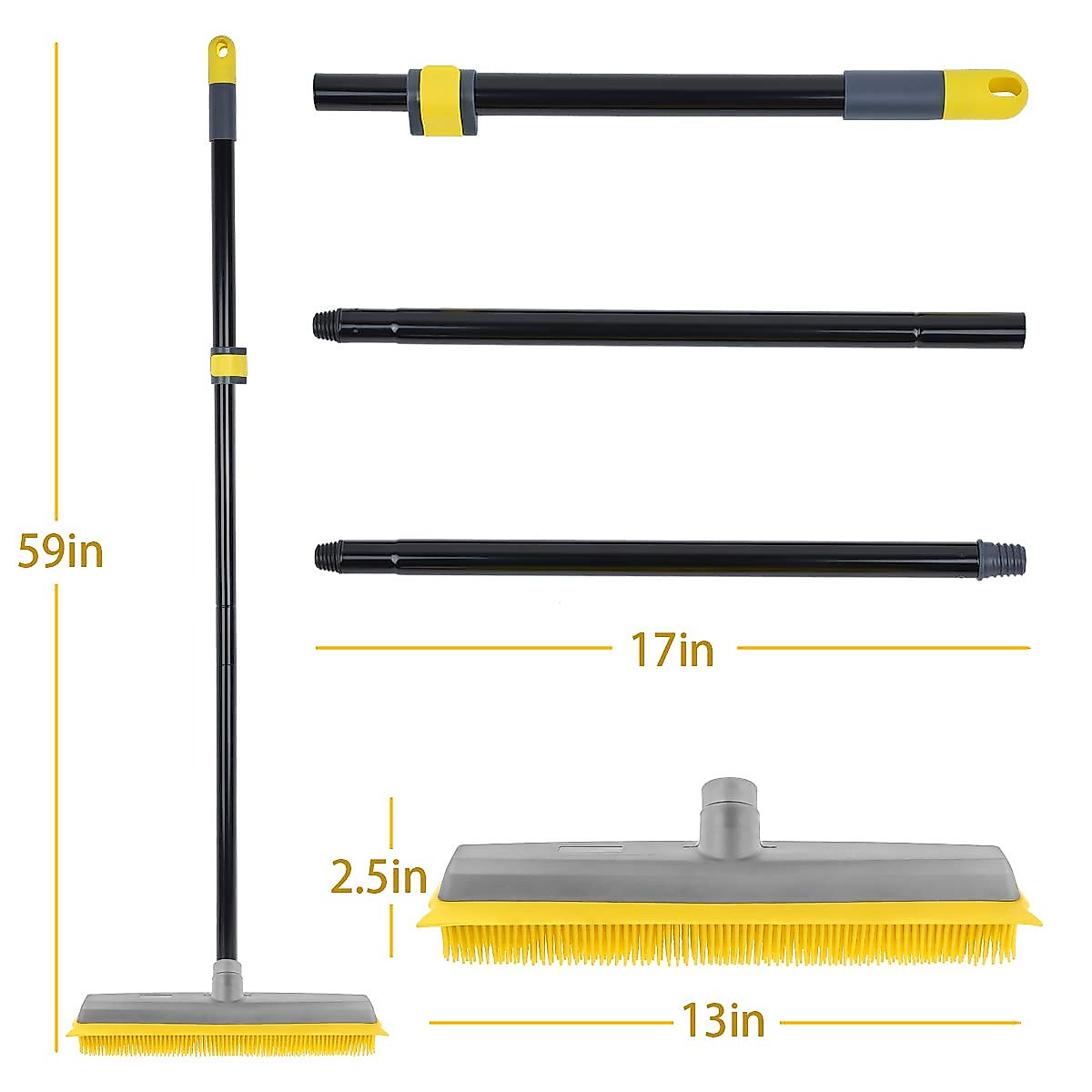 Pet Hair Broom Rubber Broom 59" Long Handle with Build-in Squeegee Silicone Broom for Sweeping Hardwood Floor Tile