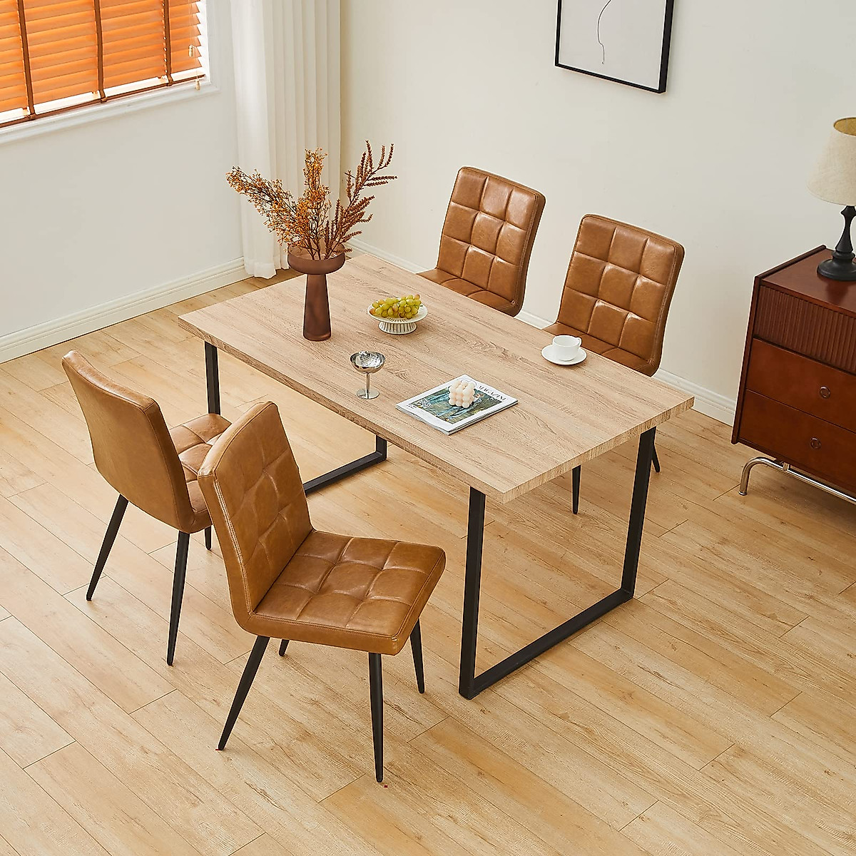 CLIPOP Kitchen Faux Leather Dining Chairs set of 4, Mid-Century Modern Dining Chair with with Square Grid Backrest Heavy Duty Metal Legs, Armless Kitchen Accent Chair for Living Room, Light Brown