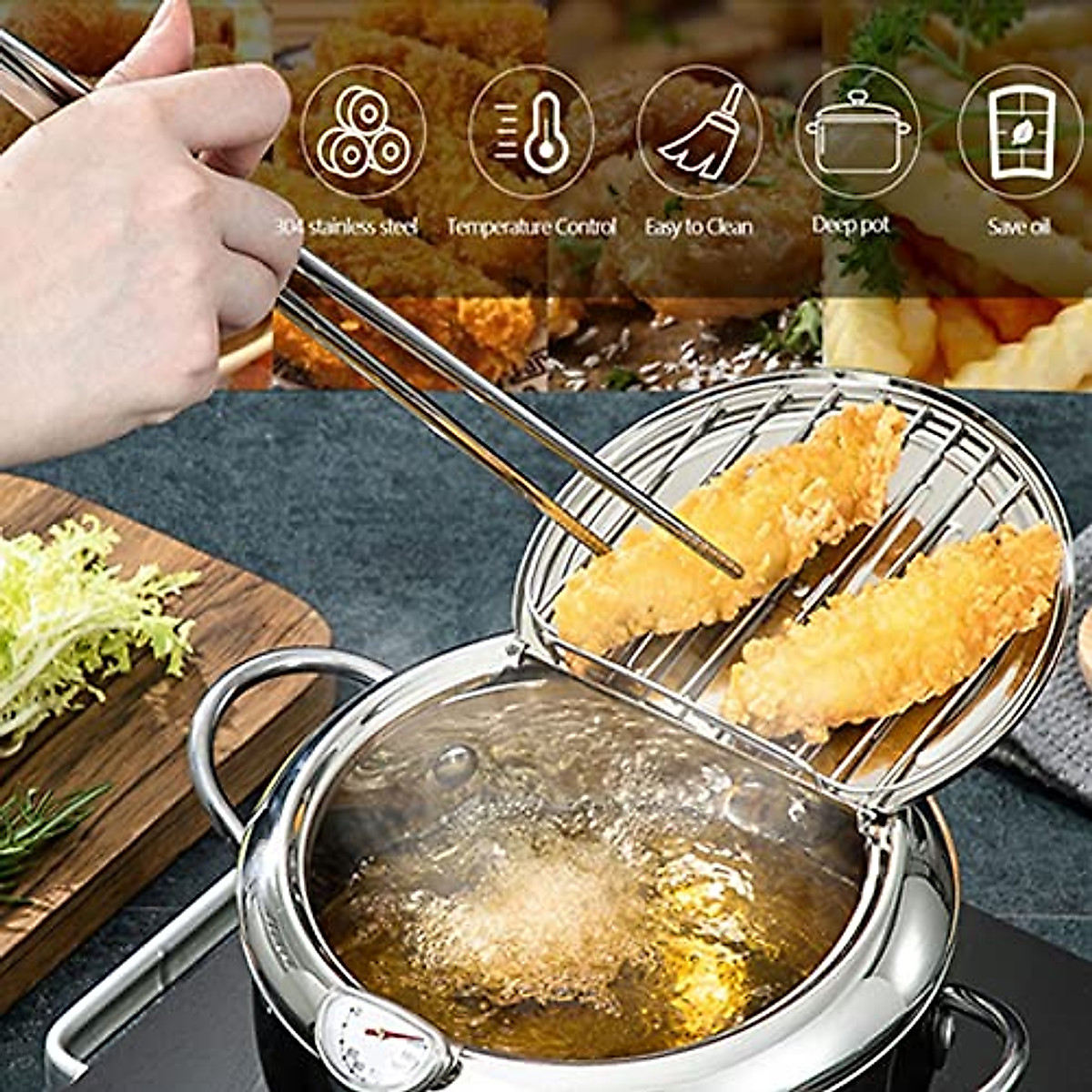Wrqqwsy 9.45inch Deep Fryer Pot(°F), 3.4L Japanese Tempura Small Deep Frying Pot with Fahrenheit Thermometer, 304 Stainless Steel Deep Fryer with Oil Draining Rack for Tempura chips, Fries, Fish, and Chicken