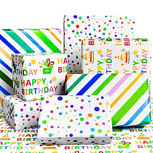 Isaspire Birthday Wrapping Paper Folder Set - 12 Sheets, 20x29 Inch Each, Adorned with Polka Dots, Stripes & 'Birthday' Charms for Boys, Girls, Women, Men, Ideal Gift Wrap for Holiday Birthday Party