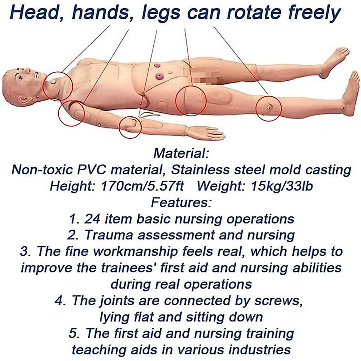 SHENGANG Female, Male PVC Patient Care Manikin Training CPR Simulator Basic Nursing Skills Geriatric Human Model for Medical Nursing Training Manikin, Life Size,Male