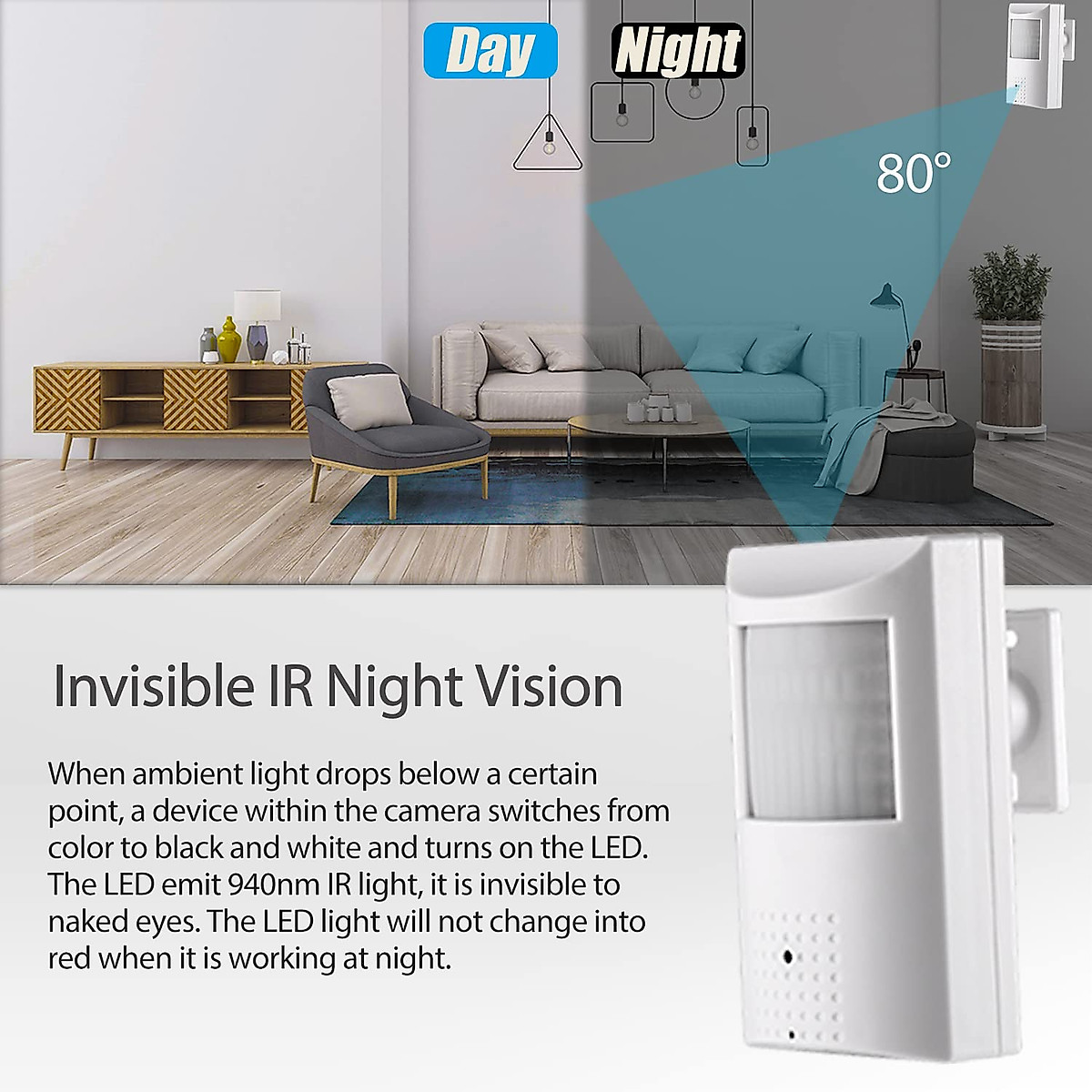 REVODATA 5MP PIR 940nm Invisible LED POE IP Camera Built in Micro Phone, 3.7mm Lens 80° IR Night Vision CCTV Indoor Security Camera,P2P H.265 Mini PIR Video Camera Motion Detection (IPIR-P-A-HS)