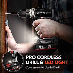 SCANS Cordless Drill Driver, 20V Electric Power Drill Kit, 354 In-lb Torque, Variable Speed, 3/8" Keyless Chuck, 16+1 Position Power Tools Kit & 28pcs Drill/Driver Bits for Home, Wood, Brick, SC1180-1