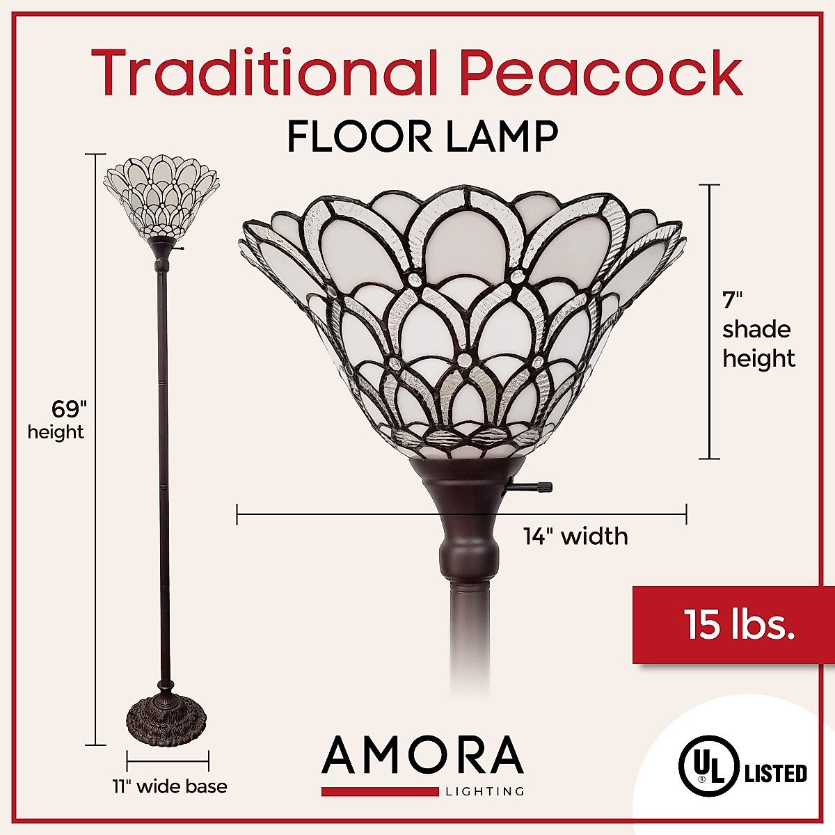 Amora Tiffany Floor Lamp Torchiere - Traditional Style Peacock Design 69” Stained Glass Lamp, Custom Handcrafted Pole Lamp with 3-Way Rotary Switch - Decorative Floor Lamp for Living Room