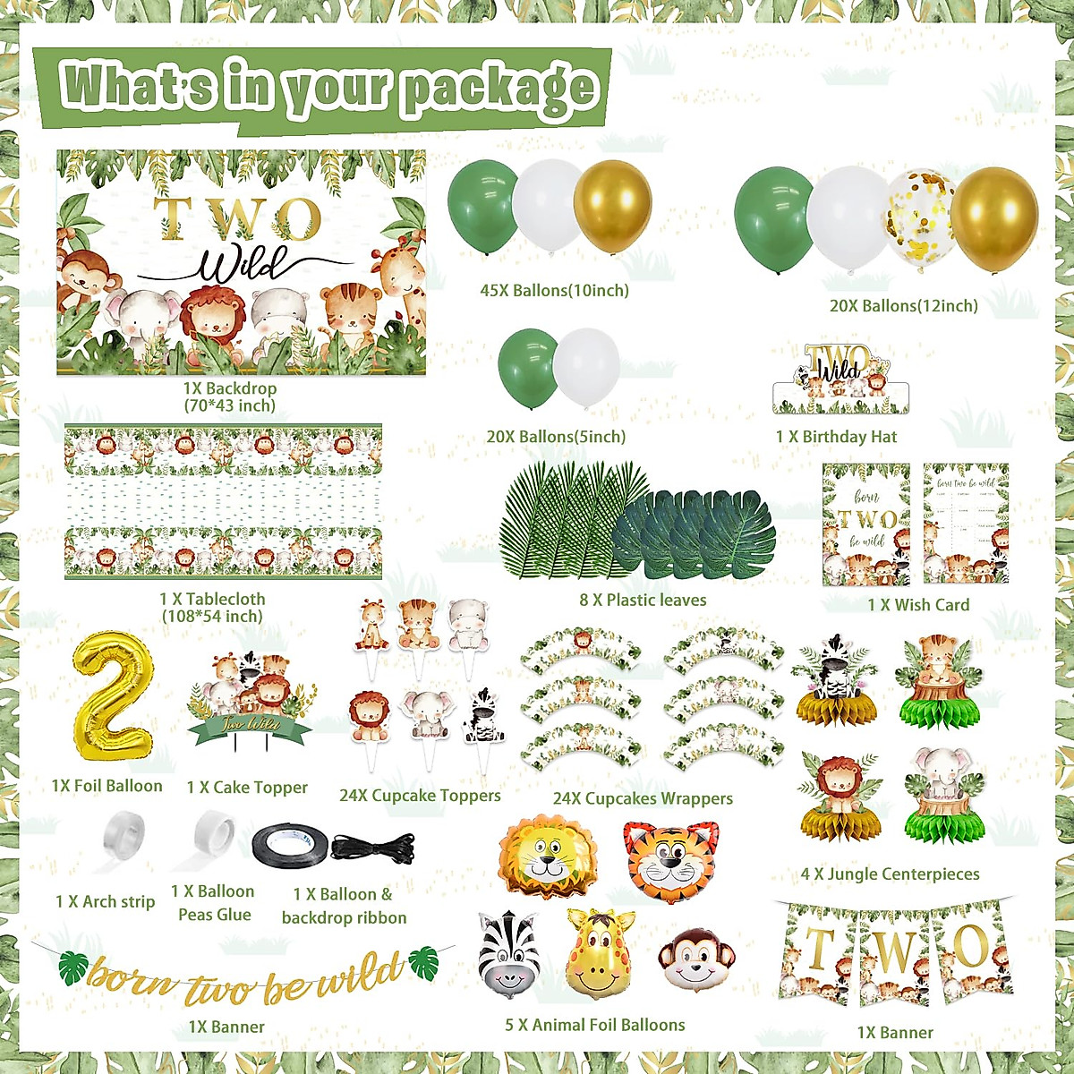 Two wild Birthday Decorations for Boys Girls, 159 Pcs Jungle Safari Theme Party Supplies for Baby - Two wild Backdrop, Cake, Cupcake Toppers, Cupcakes Wrappers, Balloons, Tablecloth, Palm Leaves,
