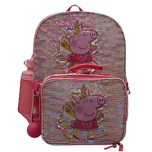 Peppa Pig Girls 4 Piece Backpack Set for Preschool & Kindergarten, Flip Sequin 16" School Bag with Front Zip Pocket, Pink