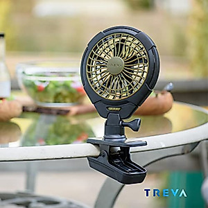 Treva 5 Inch Battery Powered Clip Slim and Portable Cooling Fan with Clamp for Travel, Outdoor,Camping, Car, Office Desk, Baby Stroller - Multi-Directional Rotating and Adjustable Head, Khaki (FC05005)