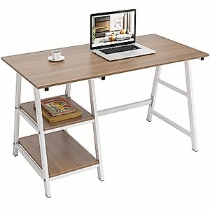 DlandHome Computer Desk with Storage Shelf, Trestle Desk, Home Office Desk/Workstation/Writing Table with Opening Shelves, Tplus (47 inches, Oak)