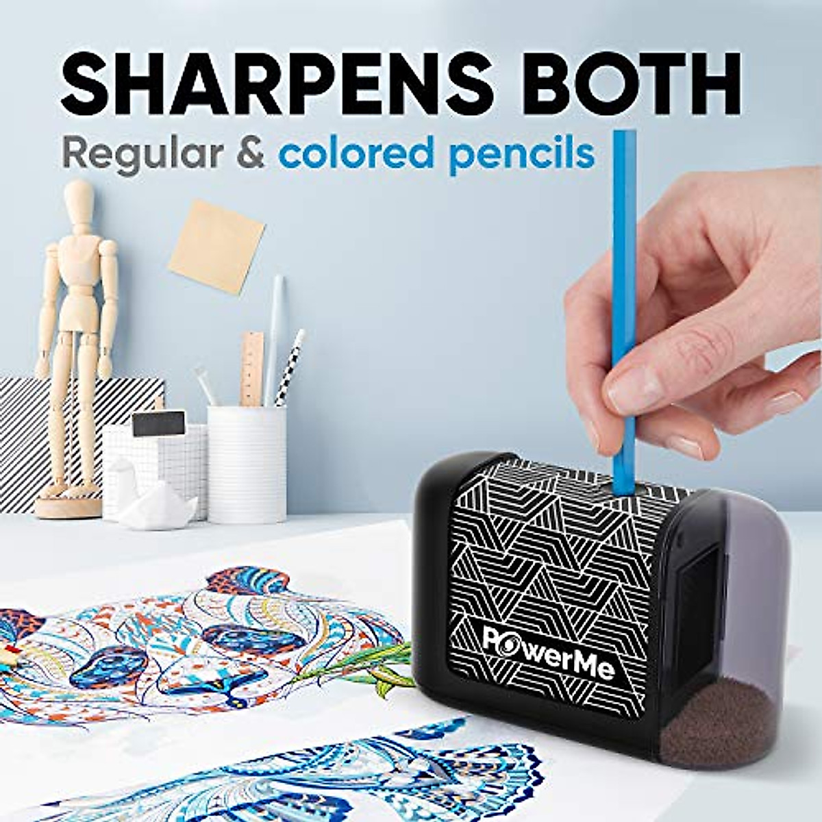 POWERME Electric Pencil Sharpener - Pencil Sharpener Battery Powered for Kids, School, Home, Office, Classroom, Artists – Battery Operated Pencil Sharpener For Colored Pencils, Ideal For No. 2 (Black)