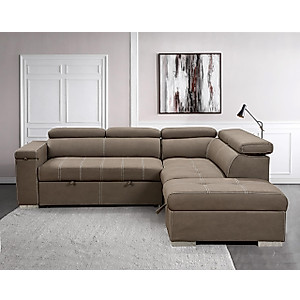 THSUPER 100" Microfiber L Shape Sleeper Sectional Sofa with Pullout Bed. 5-Seats Sectional Couch with Storage Ottoman and Cup Holder. Adjustable Headrest with Sectional Sleeper Couch. Brown