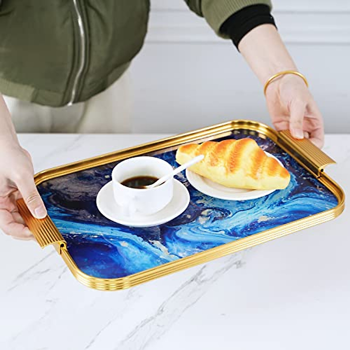 Dalimfun Glass Decorative Tray, Blue Marbling Serving Tray with Handles, Rectangular Coffee Table Tray, Decor Tray for Ottoman, Bar, Vanty, Makeup Perfume Organizer, 15.6 X 10 Inch