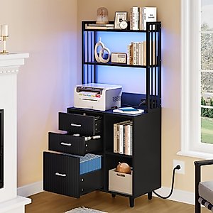 YITAHOME 3 Tier Bookcase, Bookshelf with Lighting, File Cabinet with Charging Station, 3 Drawer Wood Filing Cabinet, Printer Stand with Open Storage Shelves for Home Office, Black