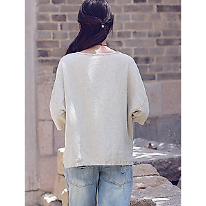 Minibee Women's Elbow Sleeve Linen Tunic Tops Solid Color Retro Blouse Linen L