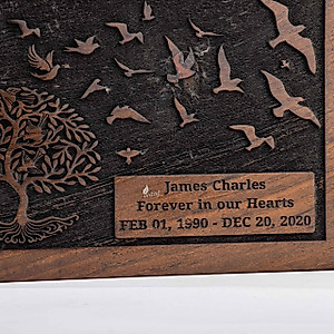 INTAJ Cremation Urn for Human Ashes Adult Male Female - Tree of Life Wooden Box Urn for Ashes - Handmade Decorative Funeral Urn (Customised Tree Birds, L (9x6x5) 185 Cu/in)
