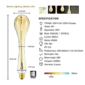 Beilf Decorative Oversized Edison Light Bulbs with E26 Base, Amber Glass, 4W Warm White 2200K, Dimmable, Large Led Filament Specialty Light Bulbs for Decorating Your Home