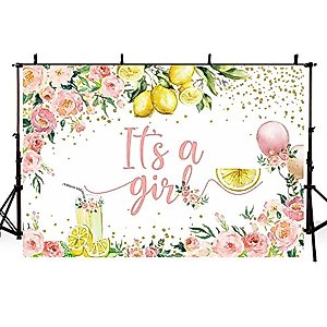 AIBIIN 7x5ft Lemon Baby Shower Backdrop It's A Girl Pink Flowers Balloons Photography Background Baby Shower Party Decorations Banner Cake Table Photo Booth Props