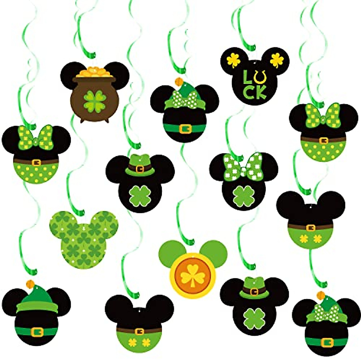 Eartim 30Pcs St.Patrick's Day Mouse Inspired Hanging Swirls Decorations, Green Shamrock Clover Ceiling Foil Swirl Whirl for Irish St Patrick Party Lucky Day Decoration Favor Supplies Home Office Decor
