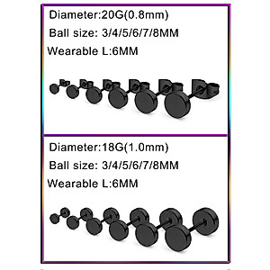 Prjndjw 12 Pairs 20G 18G Surgical Steel Flat Top Stud Earrings Set for Women Men Helix Tragus Barbell Stud Earrings Piercing Jewelry Mix Sizes 3mm 4mm 5mm 6mm 7mm 8mm Black