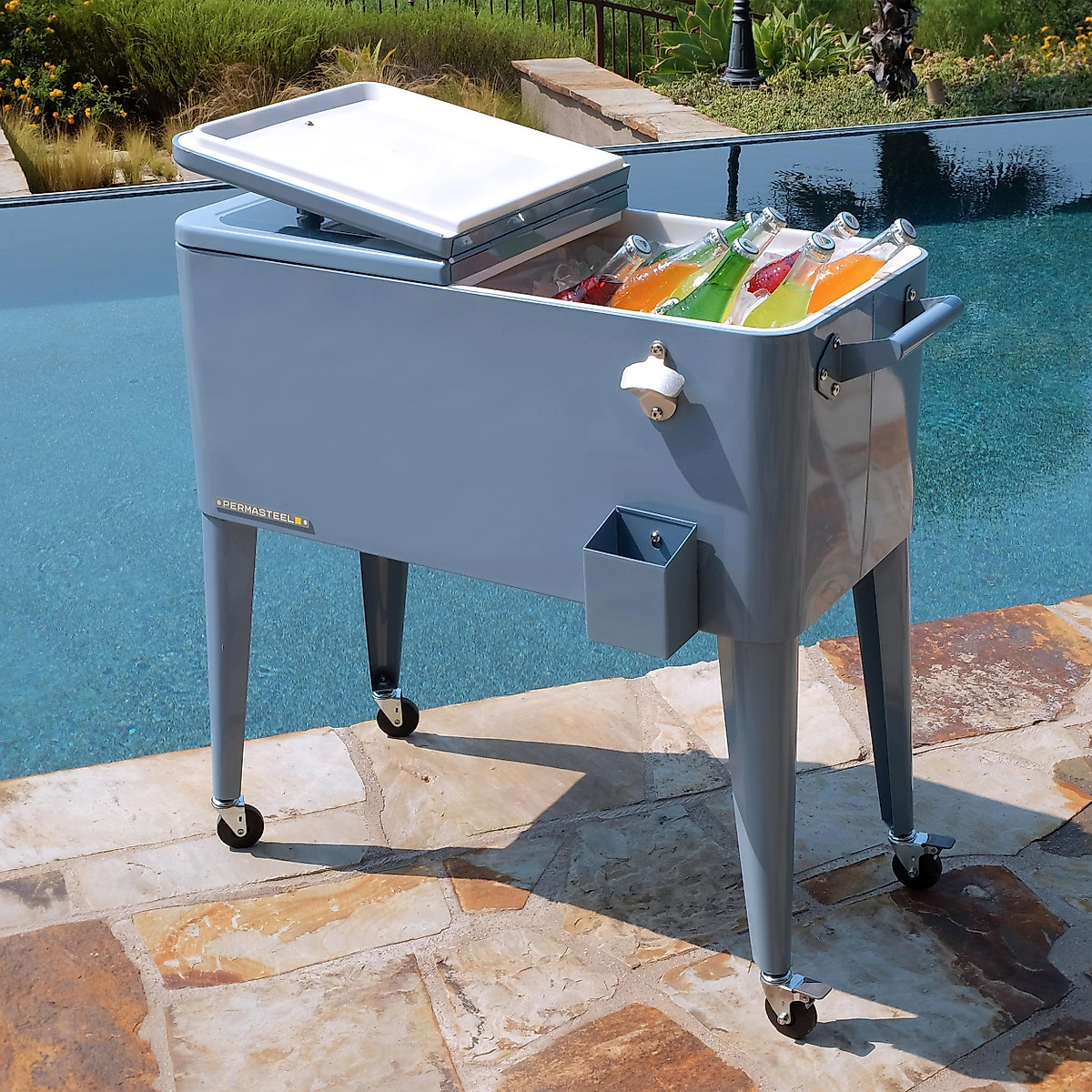 Permasteel 80-Qt Classic Outdoor Patio Cooler for Outside Beverage Rolling Cooler Bar Cart with Wheels & Handles, Retro Design, Blue