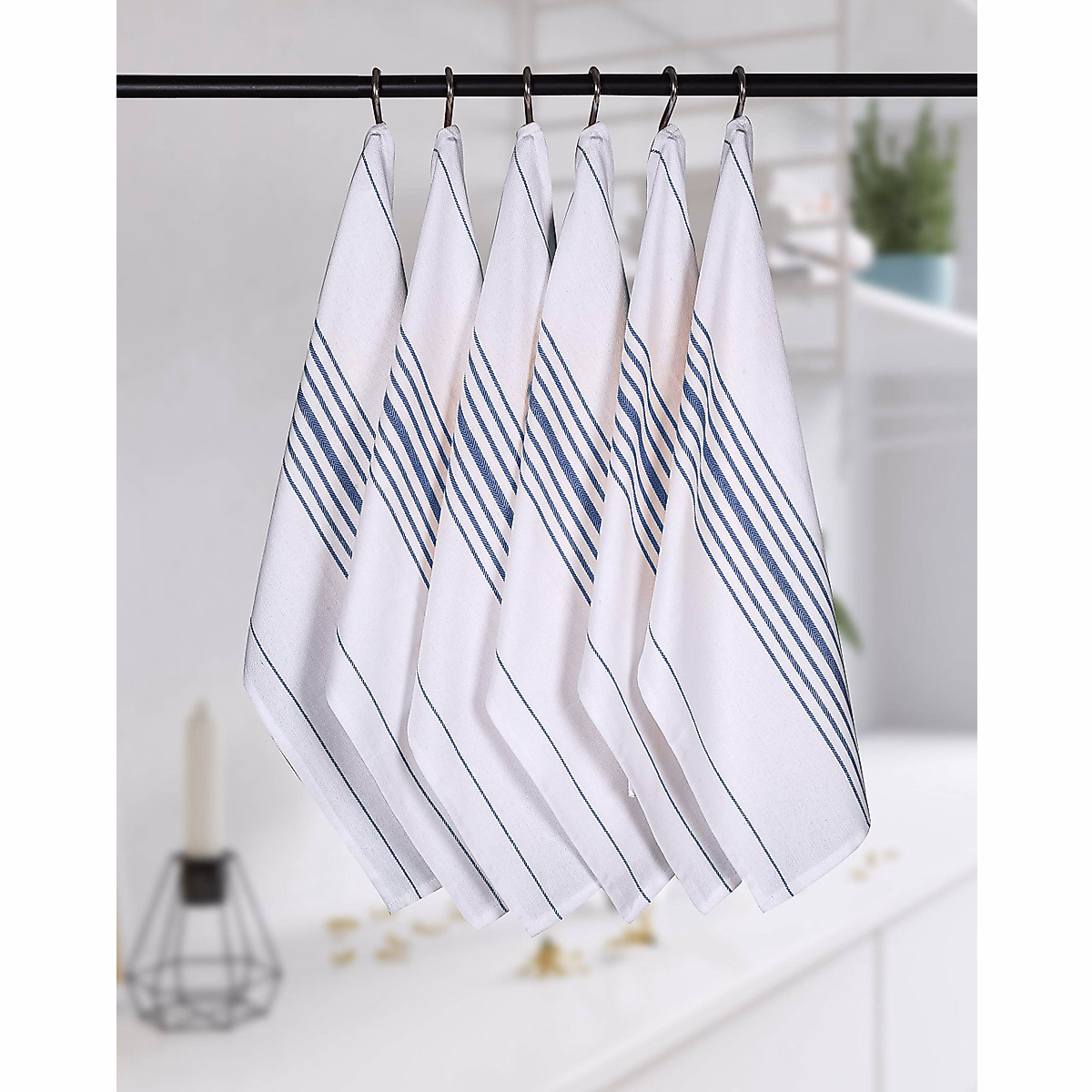 Native Fab 12 Pack Scandia Stripe Kitchen Dish Towels Cotton Absorbent Durable Washable 14x25 - Tea Towels, Dish Cloths, Restaurant Cleaning Towels, Kitchen Towels with Hanging Loop, Blue White