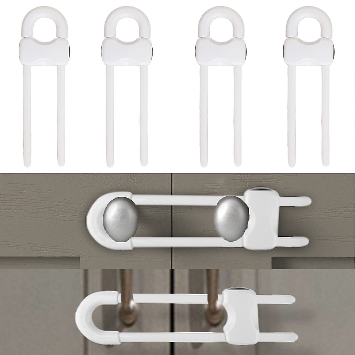 Sliding Cabinet Locks, Child Safety Locks U-Shaped Adjustable Child Proof Locks Multi-Purpose Latches for Drawers Closets Refrigerators Storage Doors Knobs Handles, 4PCS