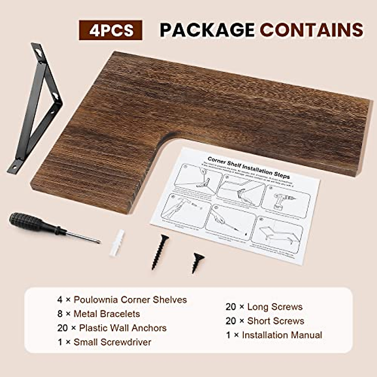 luium Corner Shelf Wall Mounted Set of 4, Rustic Natural Wood Display Storage Wall Shelves Bathroom, Bedroom, Kitchen, Living Room, Farmhouse, Floating Shelves for Wall Storage & Decor & Display