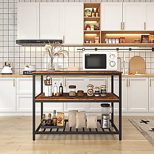 Lamerge Kitchen Island with 3 Shelves, Industrial Kitchen Counter, Kitchen Island with Metal Frame/MDF Top, 3 Tier Kitchen Shelf with Large Workstation for Home, Restaurant(Rustic Brown)