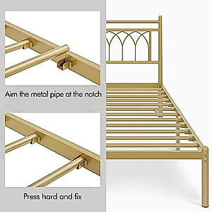 Yaheetech Queen Size Bed Frame Metal Platform Bed with Petal Accented Headboard, Mattress Foundation with Spacious Underbed Storage,No Box Spring Needed, Easy Assembly Queen Bed Frame, Antique Gold