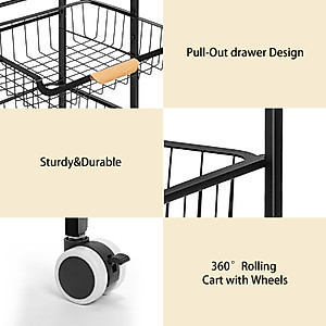 HEOMU 4 Tier Rolling Kitchen Storage Cart, Metal Snack Cart with Wheels, Kitchen Cart with Drawers for Kitchen, Bathroom, Living Room, Bar, Office, Black