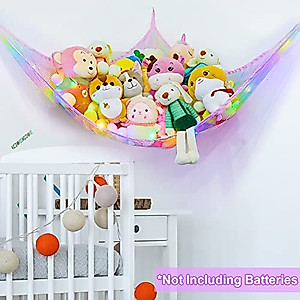 Basumee Stuffed Animals Net or Hammock with LED Light Hanging Toy Net Hammock for Stuffed Animals Storage Stuff Animals Hammocks for Nursery Kids Room with Remote Control, 8 Kinds of Lights, Rainbow