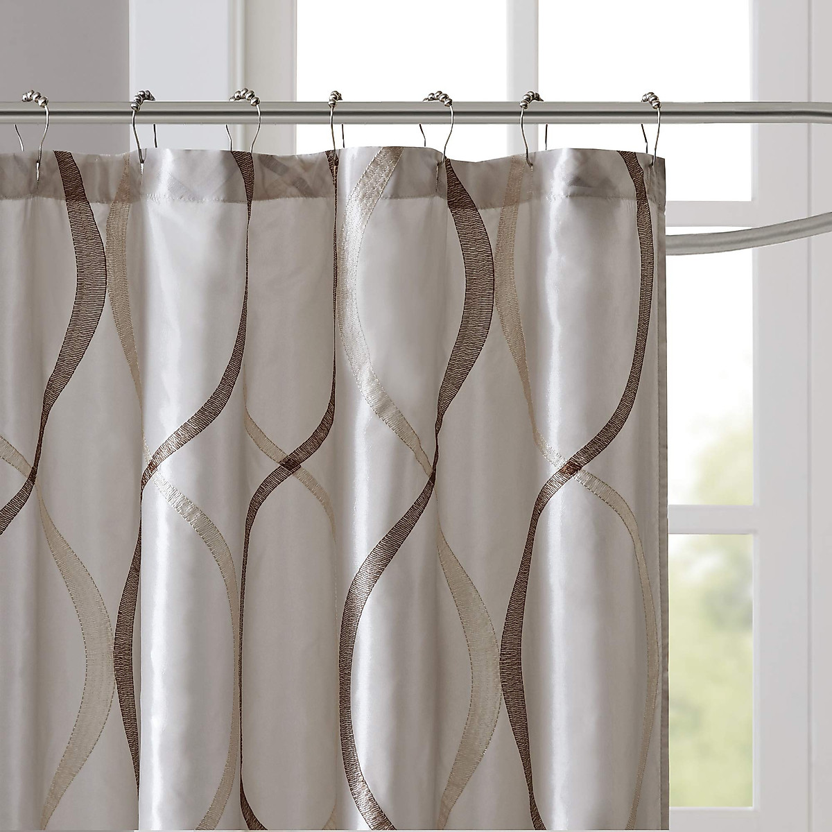 Madison Park Serendipity Shower Curtain, Embroidery Ogee Design, Modern Bathroom Decor, Machine Washable, Fabric Privacy Screen 72x72, Ivory