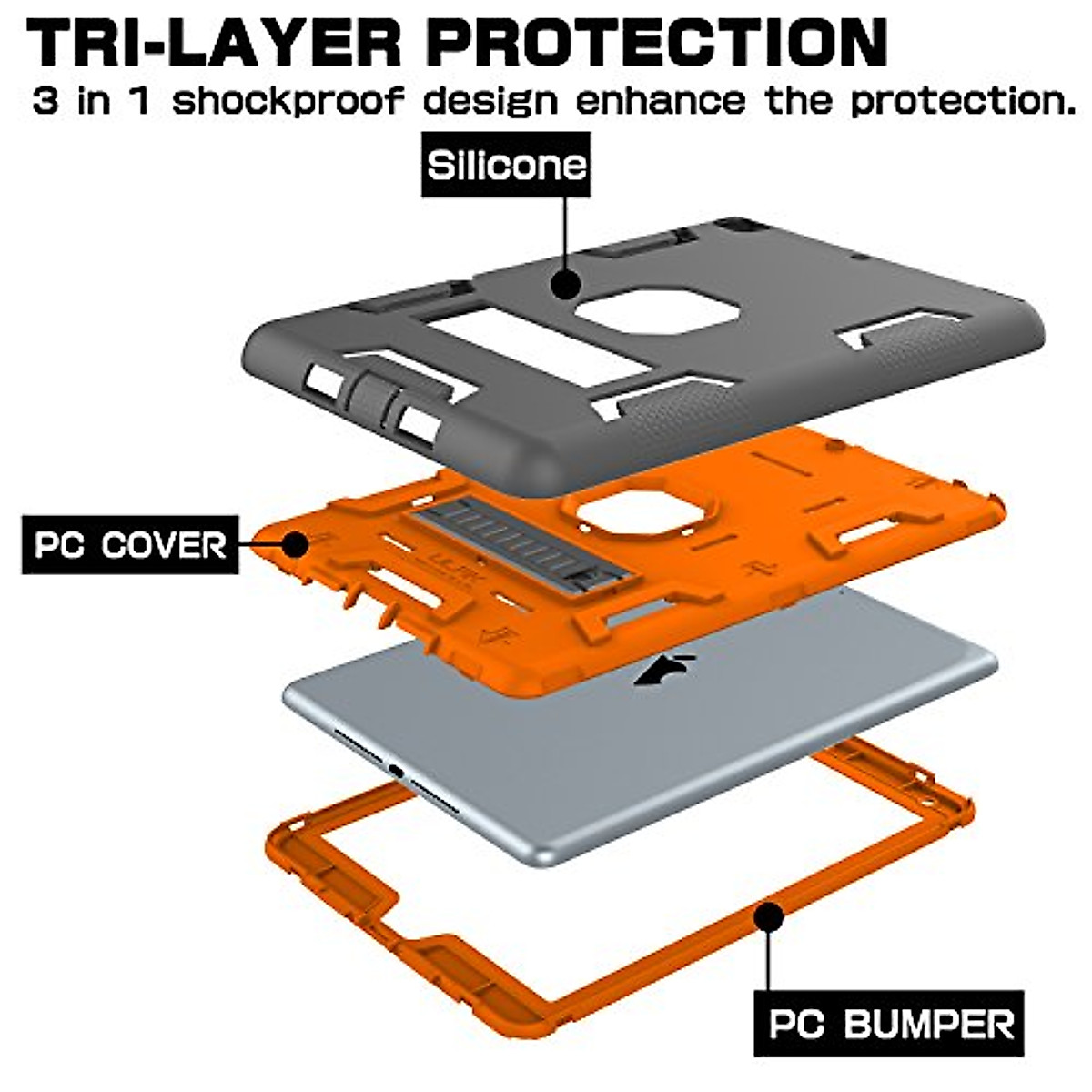 TOPSKY Case for New iPad 9.7 2018,iPad 6th/5th Generation Case,Three Layer Shockproof Defender Protective Case Cover for Apple iPad 9.7 2017/2018 A1893 A1954 A1822 A1823,Grey Orange