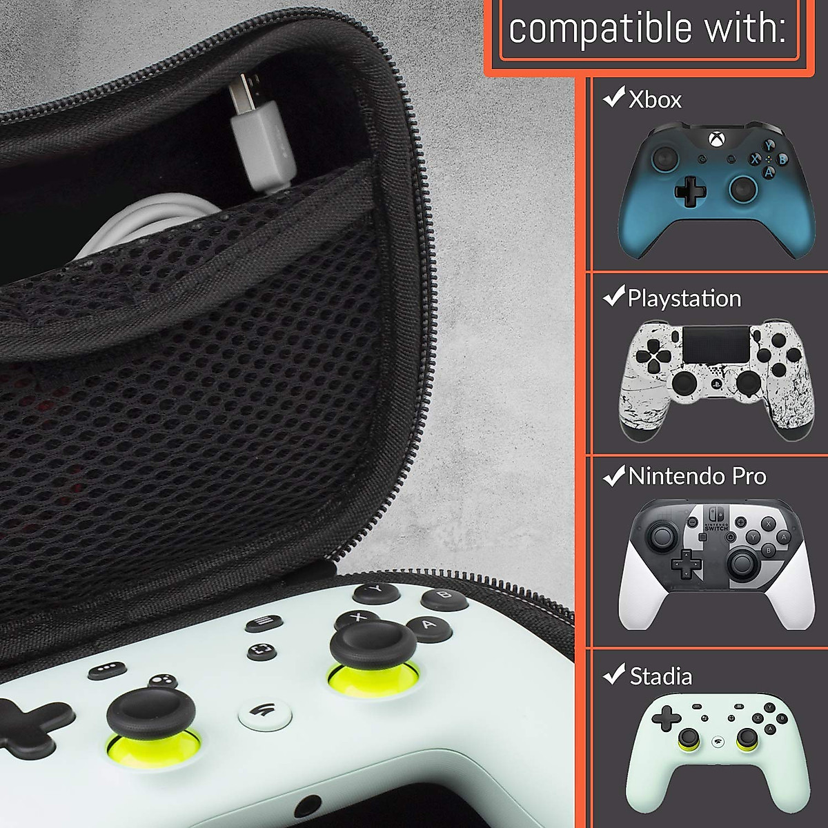 Orzly Case for Google Stadia Controller - Protective Case with Internal Storage Pocket for Charging Cable