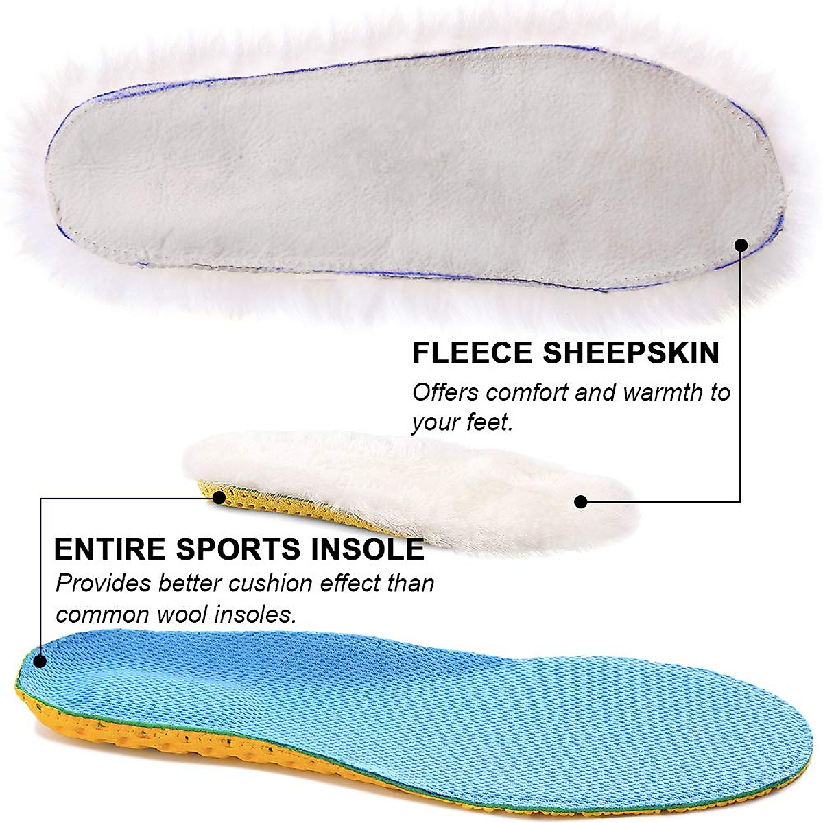 Ailaka Sheepskin Sport Wool Insoles for Women & Men, Premium Thick Fur Fleece Replacement Warm Inserts for Shoes Boot Slippers Sneakers 1 Pair