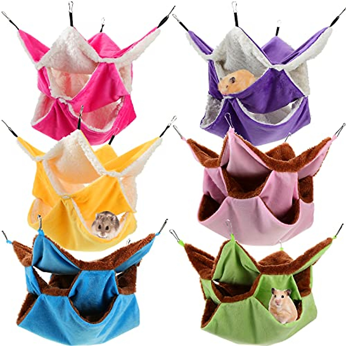 6 Pcs 3 Layers Rat Hammock Pet Cage Hammock Small Animal Hanging Hammock Ferret Cage Accessories Ferret Bed for Guinea Pig Squirrel Rat Chinchilla Sleeping and Playing (6 Colors)