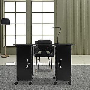 mefeir Manicure Table Nail Desk w/Electric Downdraft Vent,Iron Frame Beauty Spa Salon Workstation w/Wrist Rest,Lockable Cabinets,Casters & Clip-On LED Lamp,Black(43.3''L x 16.9''W x 29.5''H)