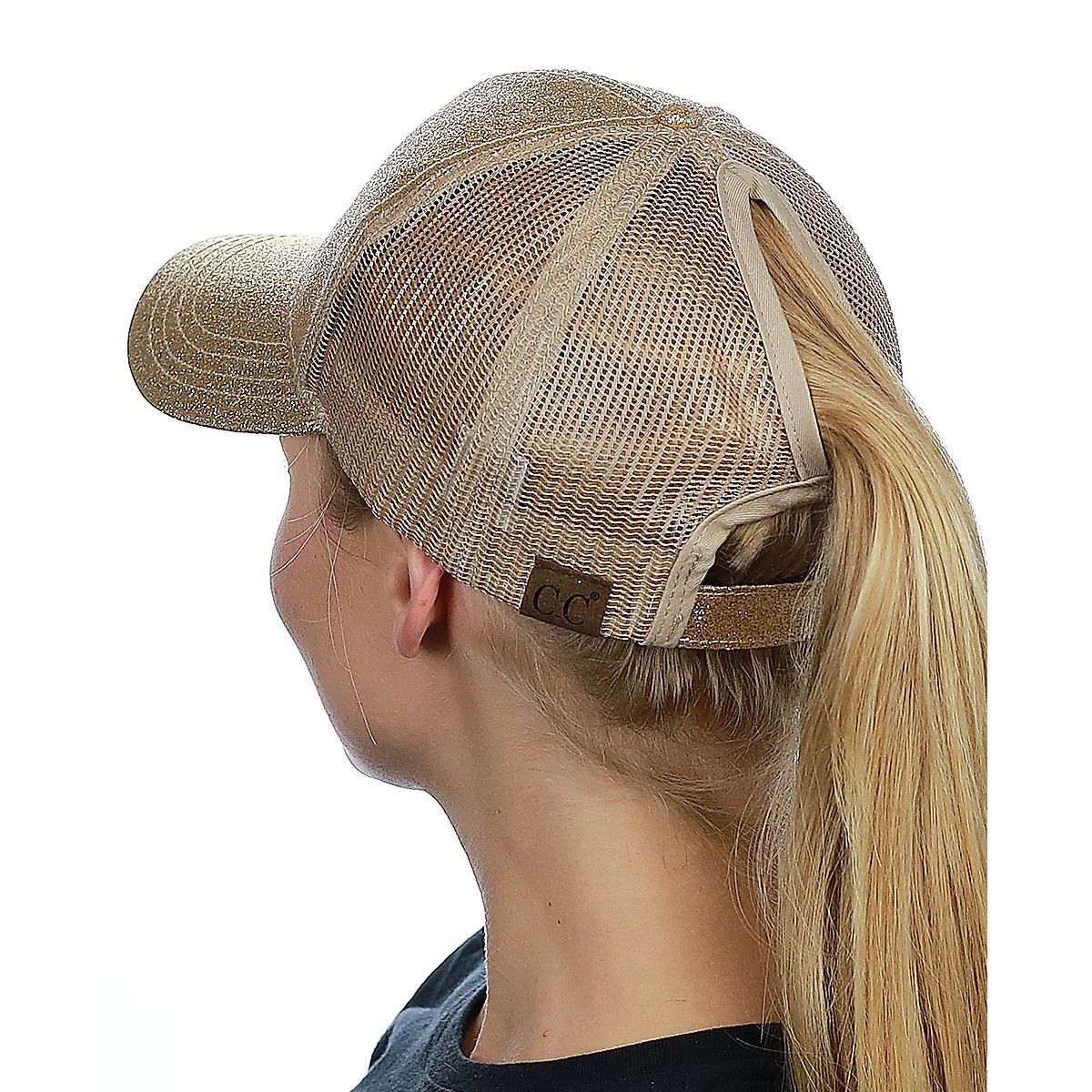 C.C Ponycap Messy High Bun Ponytail Adjustable Glitter Mesh Trucker Baseball Cap, Gold,One Size