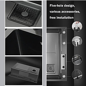 Kitchen Sink Single Bowl Sink Flying Rain Waterfall Sink Household Sink, Workstation Kitchen Sink Domestic Sink Set,Integrated Sink with Pull-Out Tap, Chopping Board,Cup Washer (80×45×21cm)