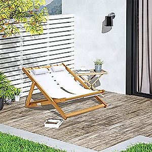 Outsunny 2-Person Sling Chair, Reclining Double Lounger for Patio, Beach, Camping, Lawn, Wood Folding Chair with Recliner Design for 2 Adults, Cream White