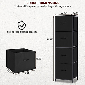 Ebeneze Dresser for Bedroom with 4 Storage Drawers, 51" Tall Fabric Closet Chests Organizer Tower Furniture with Wooden Metal Frame for Clothes, Kids, Hallway, Entryway, Small Space, Black