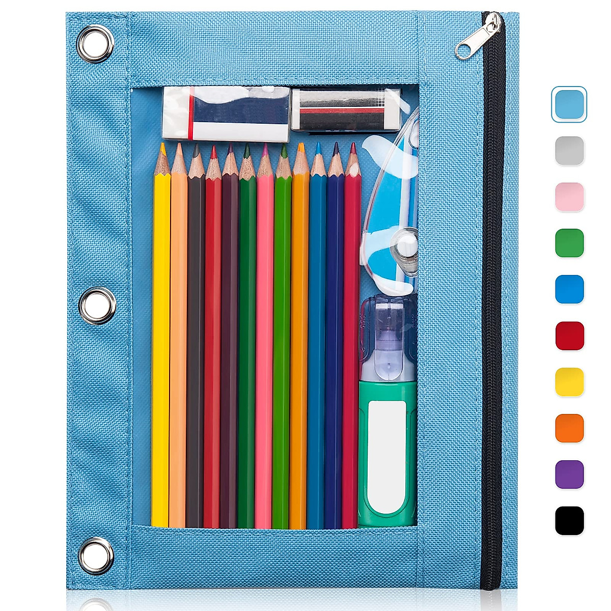 Forvencer 3 Ring Binder Pencil Pouch - Clear Window Pencil Case with Smooth Zipper, Big Capacity Pencil Bag with 3 Reinforced Grommets, Sky Blue