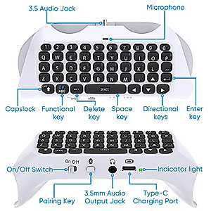 Klipdasse Wireless Keyboard for PS5 Controller, Bluetooth 3.0 Mini Chatpad Message Game Keyboard Keypad Built-in Speaker with 3.5mm Audio Jack for Messaging and Gaming Live Chat, for Playstation 5