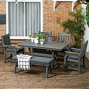Outsunny 6 Pieces Patio Dining Set, 6 Seater Outdoor Table and Chairs, Conversation Furniture, Armrests, Loveseat Bench, Dinner Table with Umbrella Hole, Cushions, Dark Gray