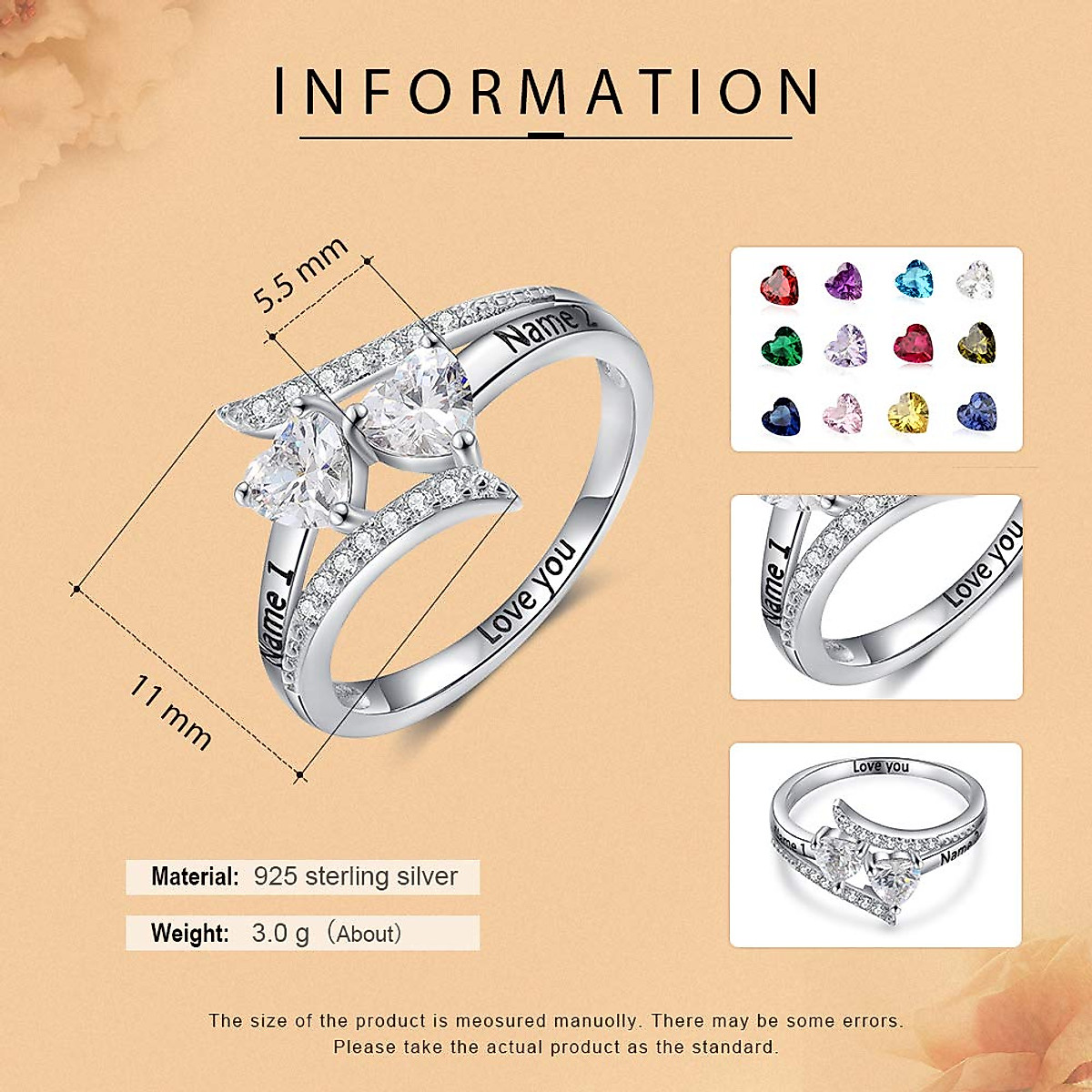 Personalized Love Heart Promise Rings for Her Couples Engagement Name Ring for Women Mothers Ring with Cubic Zirconia Simulated Birthstones (10)