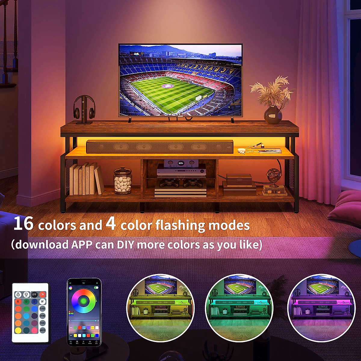 YITAHOME LED Television Stands w/Power Outlets for 70/65 inch, Modern Industrial TV Stand, Entertainment Center w/Open Storage, Entertainment Center for 360lbs for Living Room, Retro Brown