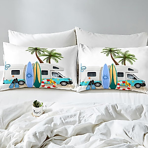 Erosebridal Surf Duvet Cover Beach Printed Hawaii Vacation Theme Bedding Set for Adult Women Girls Family Tropical Botanical Fish Printed Coconut Tree Decor Comforter Cover with Zipper Ties, King